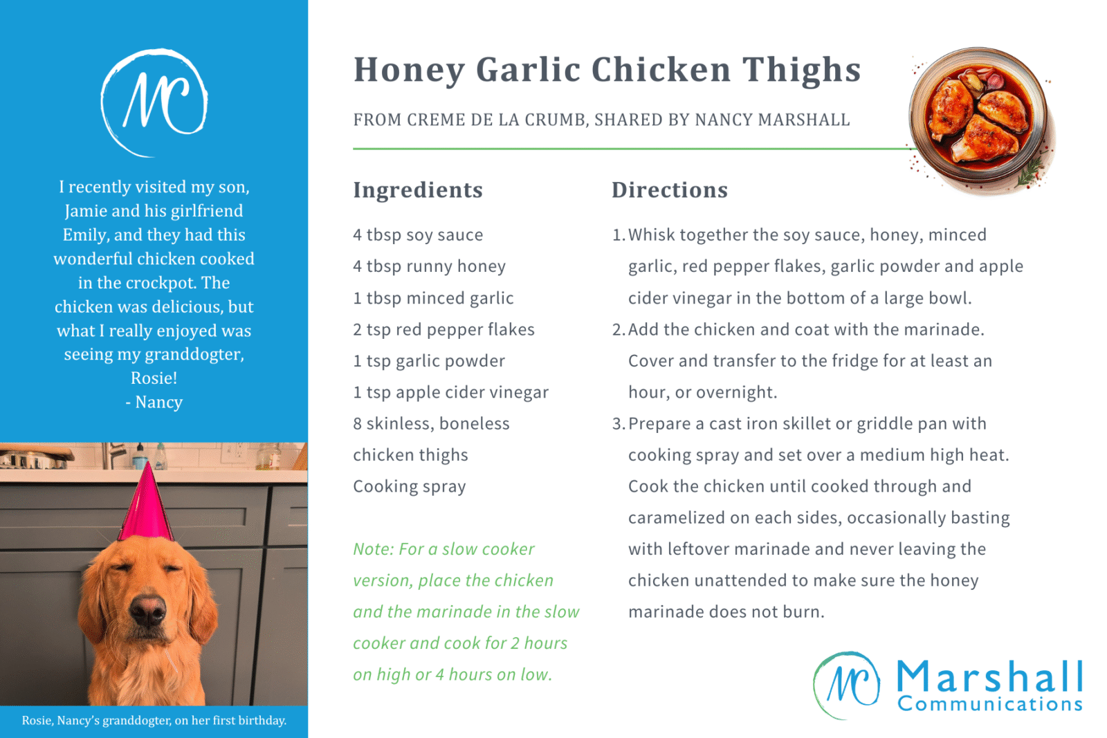 Honey Garlic Chicken Thighs - Marshall Communications